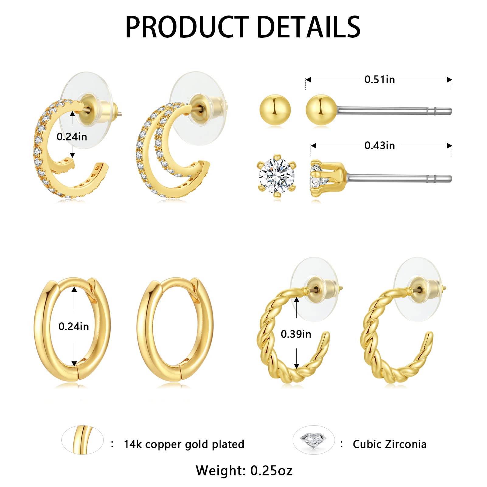 5 Pairs Earring Sets for Multiple Piercing 14k Gold Plated Hoop and Stud Earrings Set Hypoallergenic Small CZ Gold Earrings Sets for Women