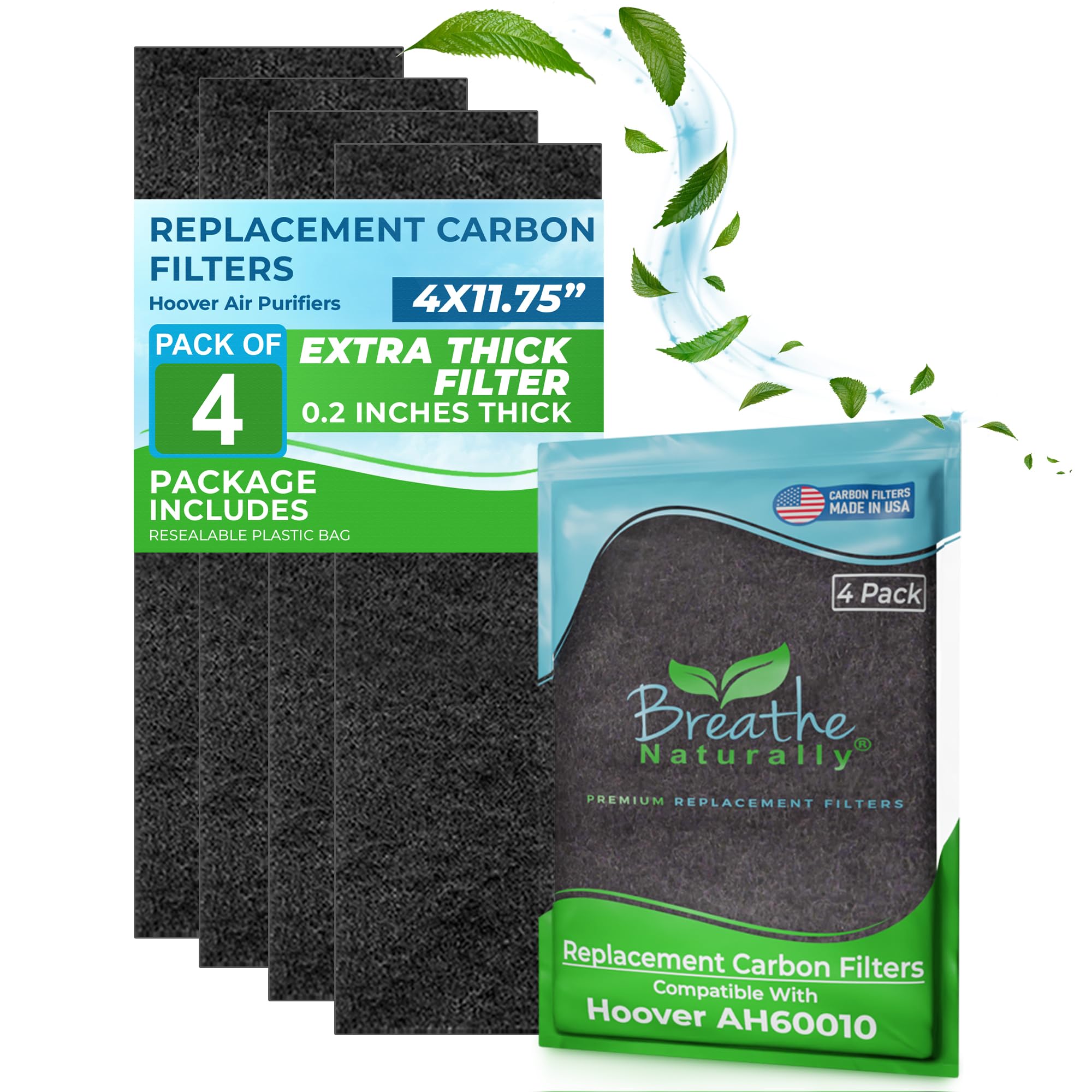 Breathe Naturally - Extra Thick Carbon Filter Replacement Compatible with Hoover Air Purifiers - Carbon Pre-filters Compatible with Hoover AH60010, wh10100 and wh10200 - Made in the USA (4 pack)