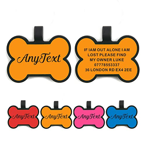 Dog Tags for Pets Engraved UK Personalized ID Tags for Dogs Cats Puppy Kitty Silicone Personalized Dog Tag 2 Shapes & 5 Colours (Orange Bone)