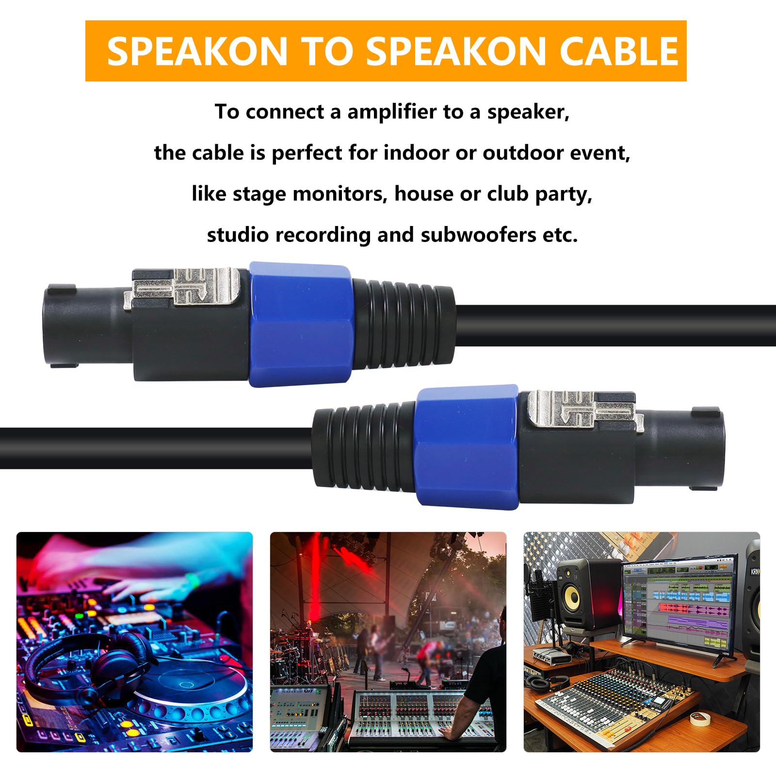 HBU 10 Feet Pack of 2 SpeakOn Cables - 2pcs DJ PA Speak-ON to Speakon Cable - Studio, Stage, Loudspeaker, Cabinet to Amplifier Audio Jack Wiring with Twist Lock