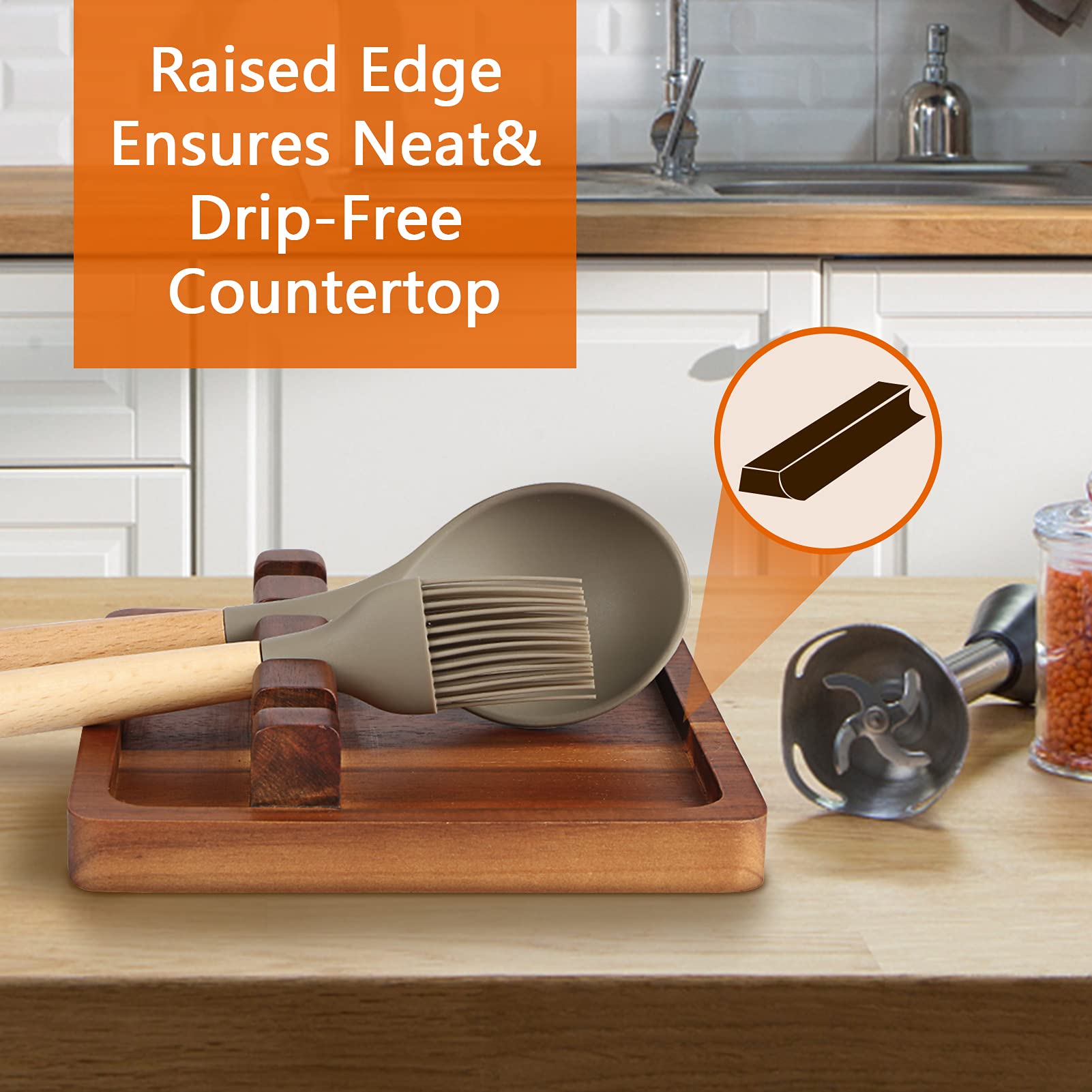 Acacia Wood Utensil Rest with Drip Pad for Multiple Utensils, 4 Slots Available, BPA-Free Spoon Rest & Spoon Holder for Stove Top, Kitchen Utensil Holder for Ladles,Turner,Brush,Spatula& More