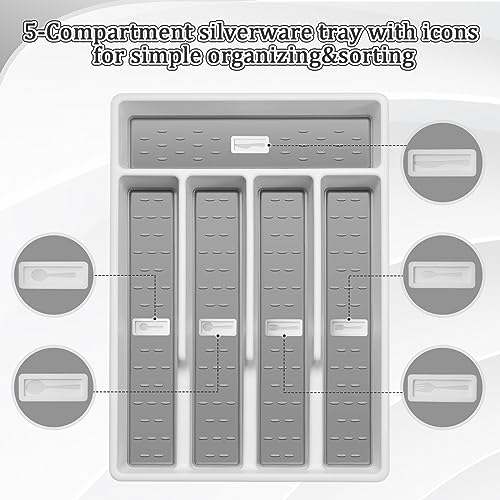 CherHome Silverware Organizer with Cutlery Icons,Silverware Tray for Kitchen Drawer,Plastic Flatware Tableware Silverware Drawer Organizer Utensil Organizer with Non-slip TPR Linings,5-Compartment(Grey)