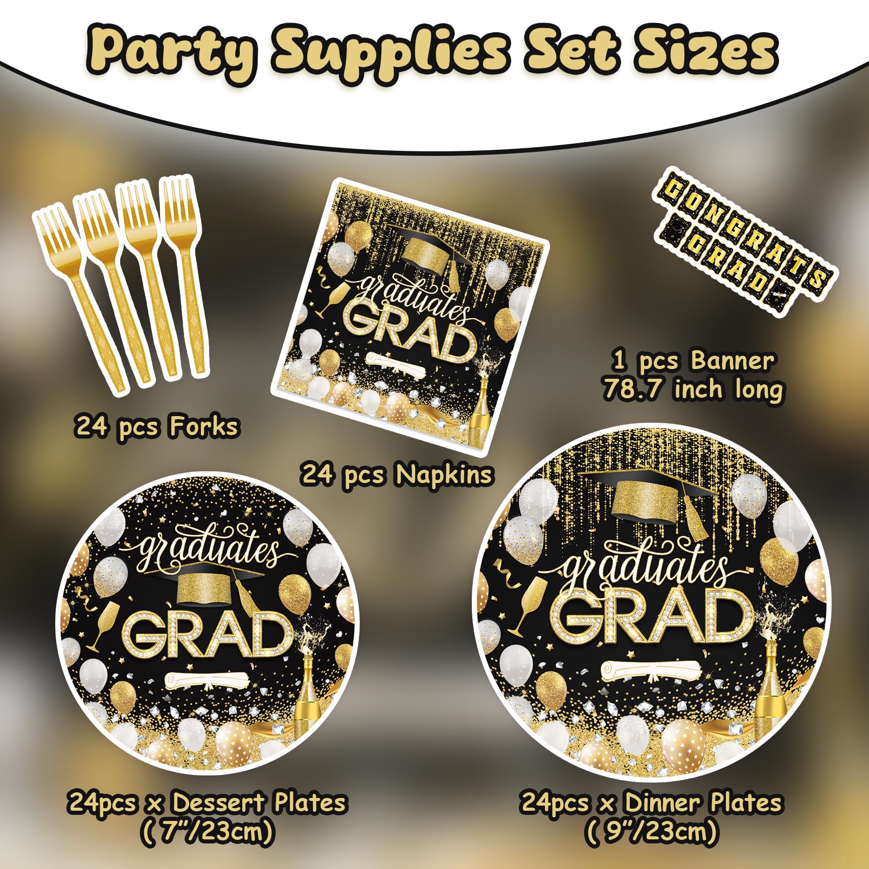 Black and Gold Graduation Party Supplies for 24: 97 Pcs with Elegant Plates, Forks, Bunting - Commencement Celebration - Classy Diploma-Themed Tableware Set