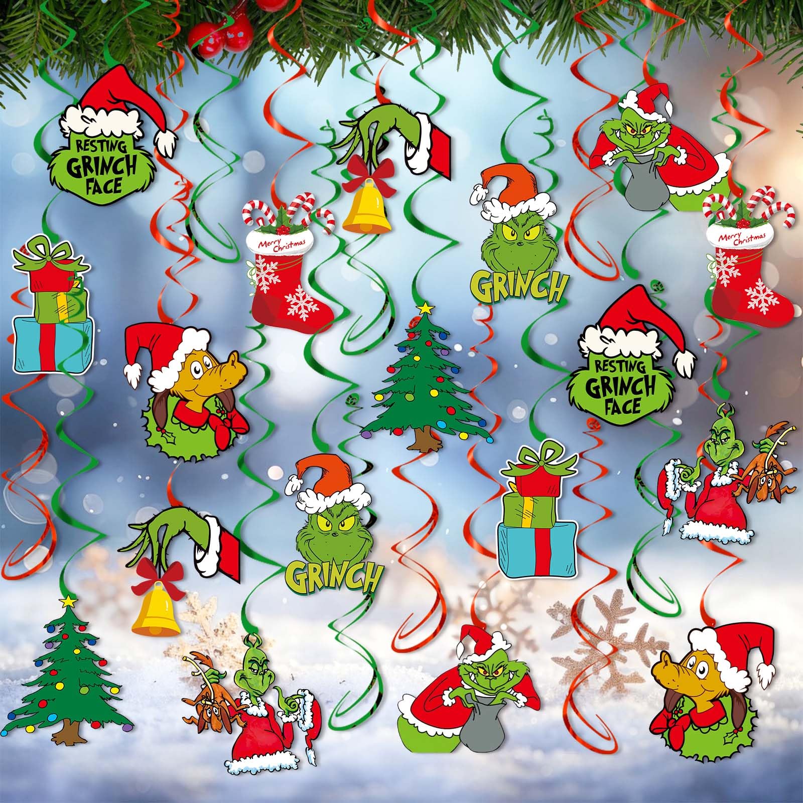 Grinch Party Decoration Merry Christmas Grinch Hanging Swirl Ceiling Decor Grinchmas Birthday Party Supplies 44 Pcs