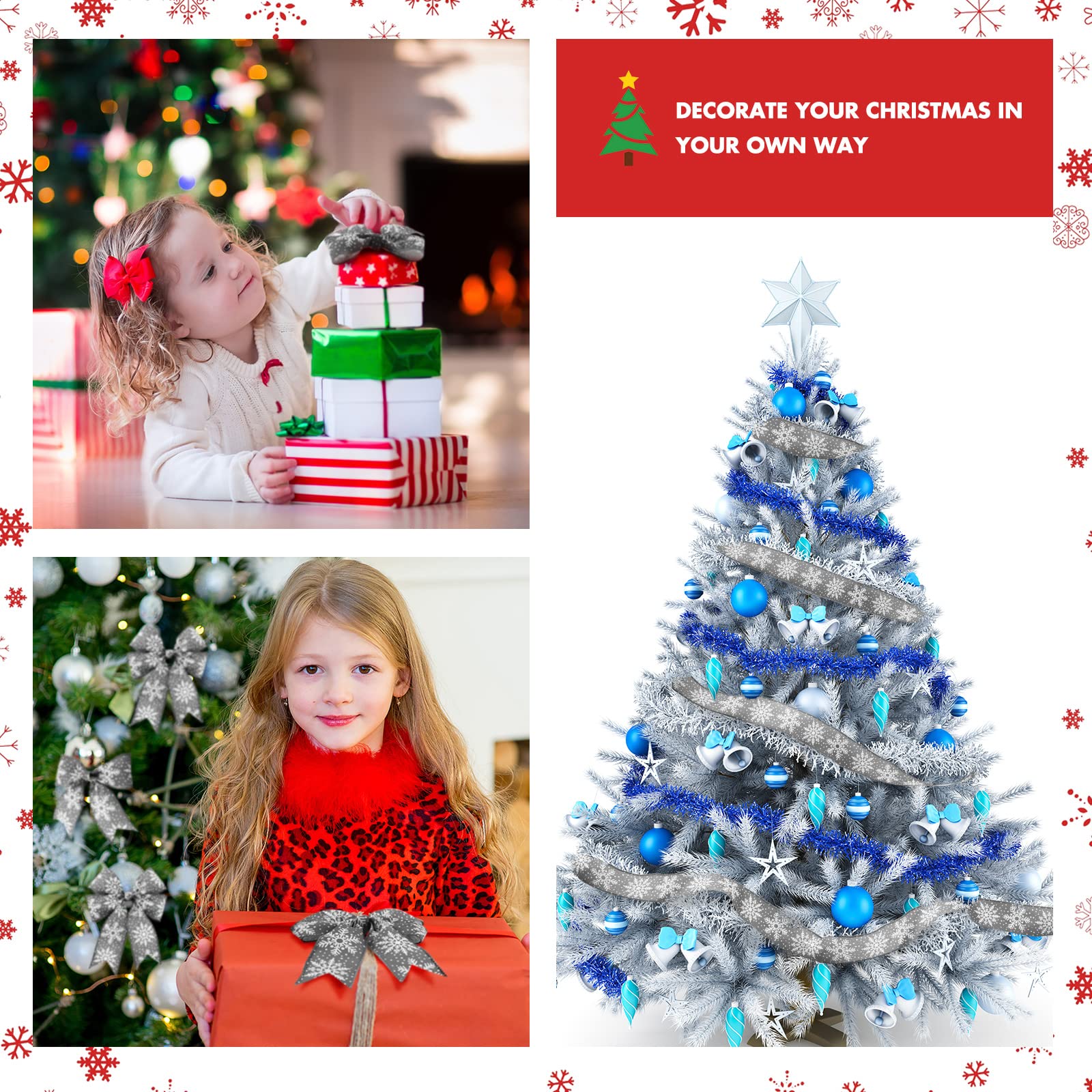 Canlierr 2 Rolls 12 Yard 2.5 Inch Christmas Snowflake Ribbon Christmas Wired Ribbons for Wreath Fabric Polyester Decorative Ribbons Gift Wrapping Ribbon for Christmas Tree Party Decoration(Gray)