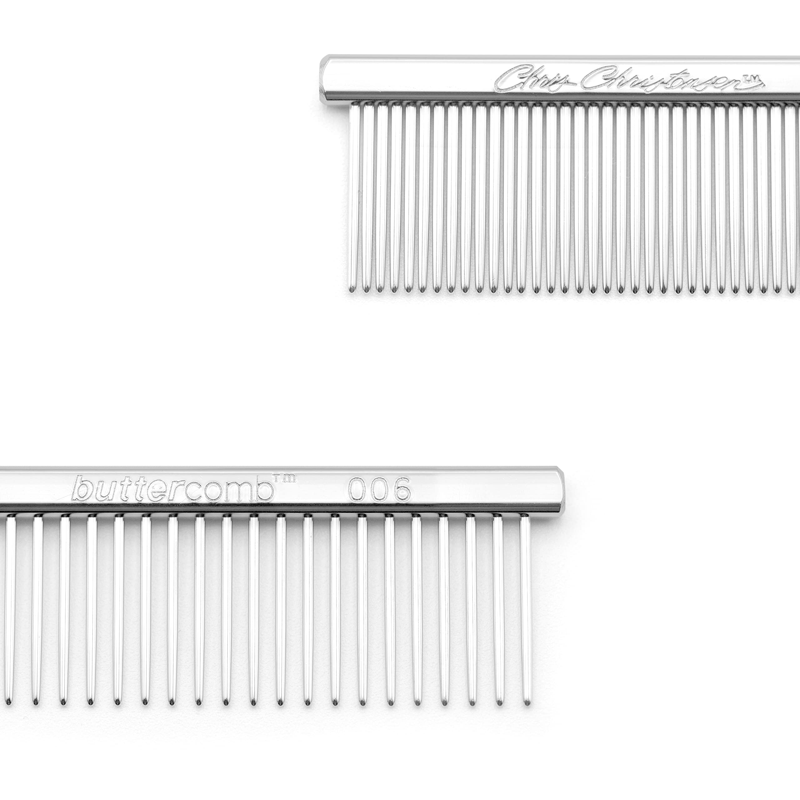 Chris Christensen 5in Face and Feet Fine/Coarse Butter Comb, Groom Like a Professional, Rounded Corners Prevent Friction and Breakage, Solid Brass Spin with Steel Teeth, Chrome Finish