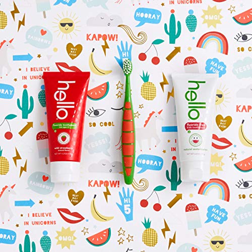Hello Oral Care Kids Fluoride Free and SLS Free Toothpaste Twin Pack with BPA-Free Kids & Toddler Toothbrush, Natural Watermelon