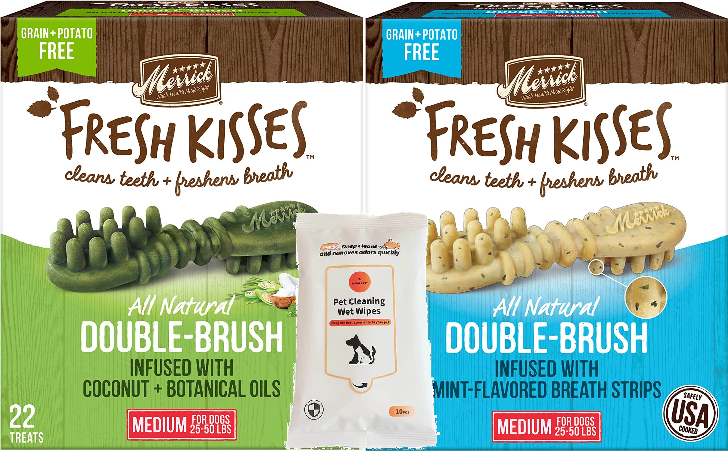 Aurora Pet Variety Pack (2) Merrick Fresh Kisses Double-Brush Medium Dental Dog Treats (1) Coconut + Botanical Oils (1) Mint-Flavored Breath Strips with AuroraPet Wipes