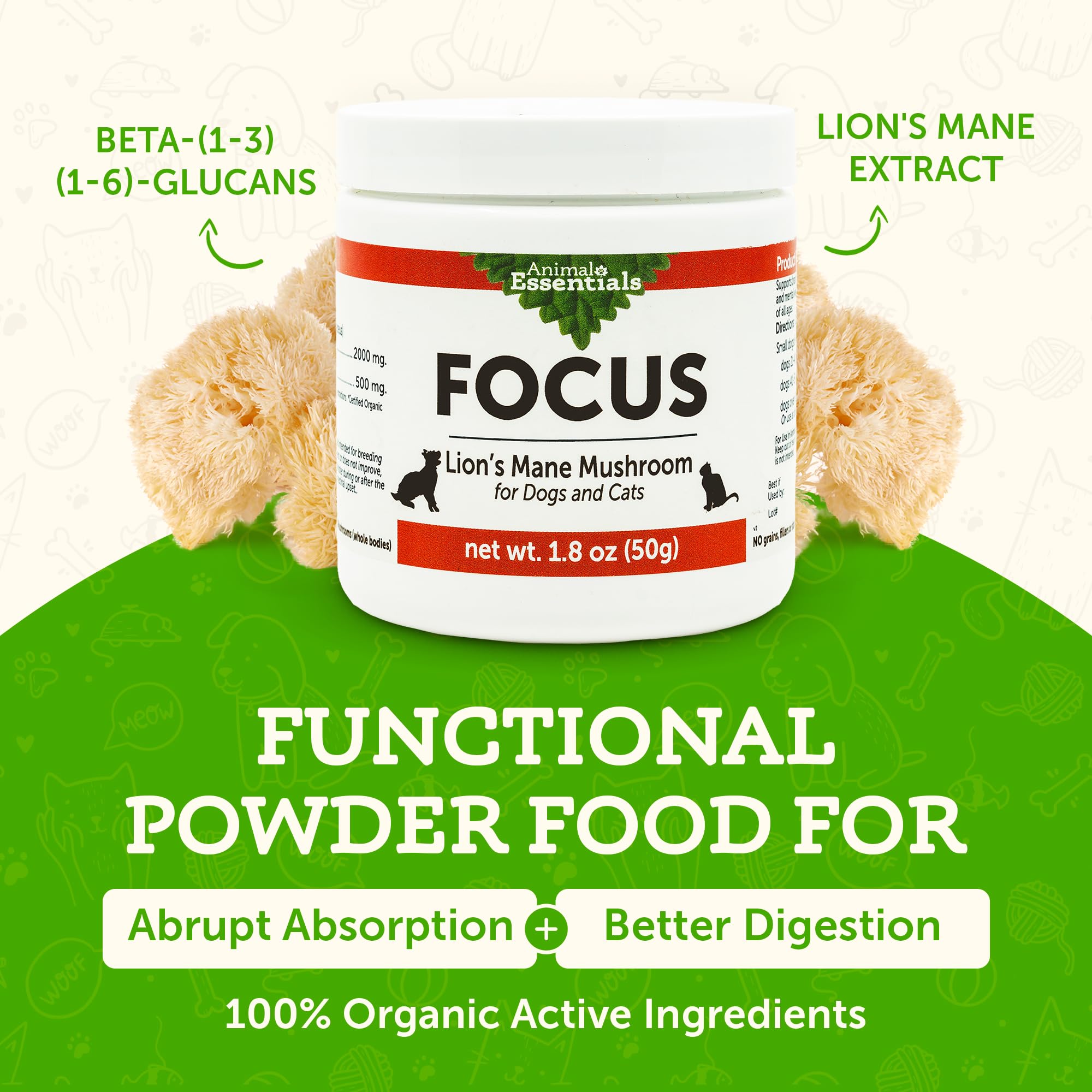Animal Essentials Focus Lions Mane Mushroom Supplement for Dogs & Cats - Supports Brain Health, Cognitive Function, Healthy Immune Response, Mushroom Powder Extract - 1.8 Oz (Pack of 1)