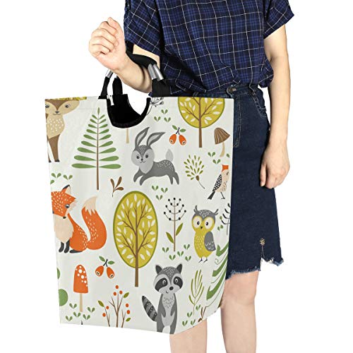 Laundry Hamper Bucket Cute Woodland Animals Trees Mushrooms Berries Collapses Laundry Basket Washing Bin for Home Organizer Nursery Storage Baby Hamper Kids Room