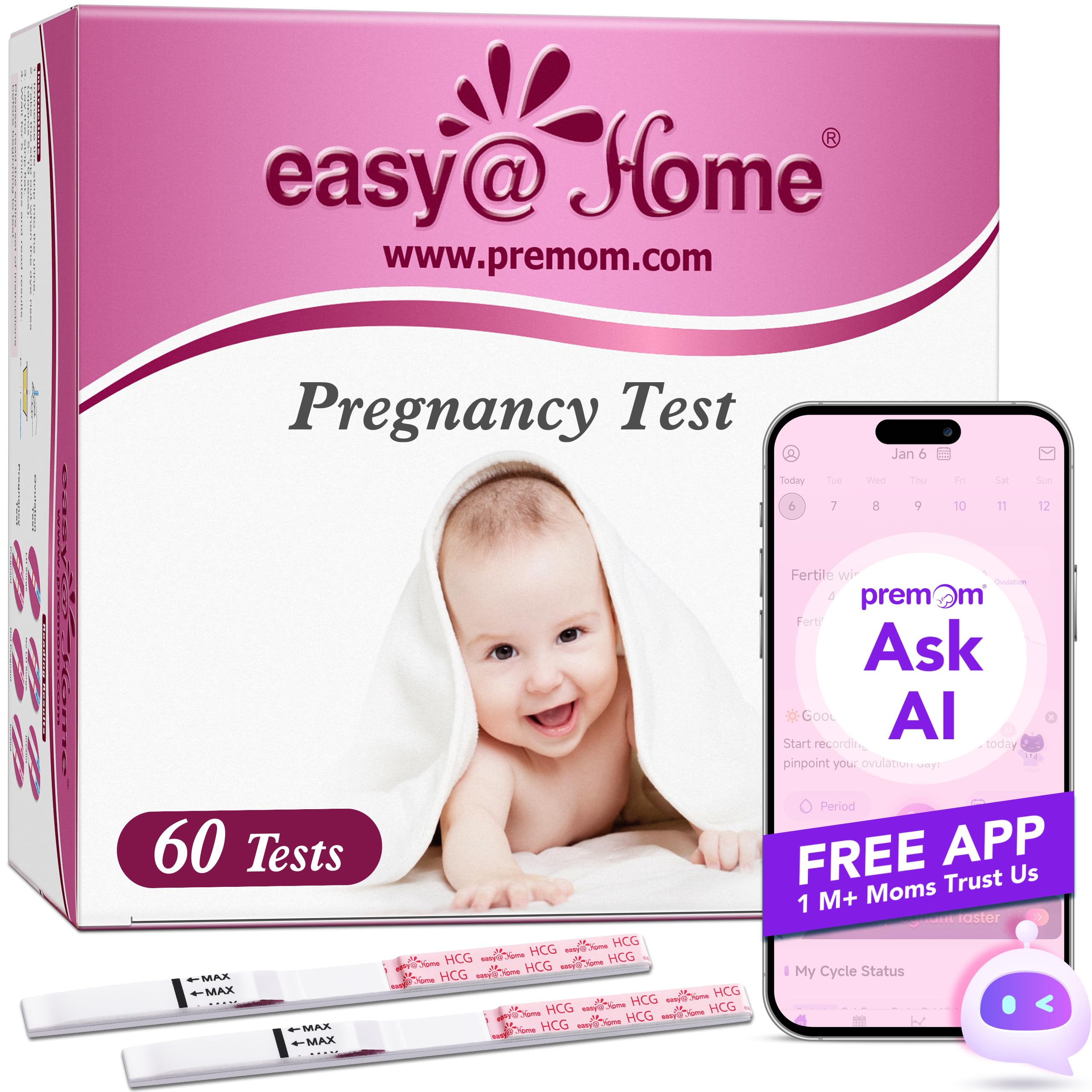 Easy@Home 60 Pregnancy Tests, FSA Eligible, 60 Hcg Test Strips Early Detection - Bulk Pregnancy Strips