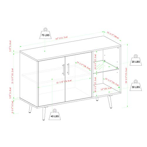 Walker Edison Theo Mid Century Modern 2 Door Asymmetrical Glass Shelf Buffet, 44 Inch, Birch