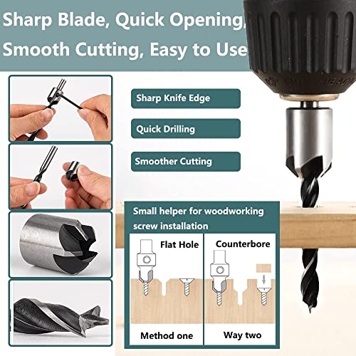ARUGOU 23-Pack Woodworking Chamfer Drilling Tool Set, 8PCS Wood Plug Cutter, 7PCS Three-Pointed Countersink Drill Bit & L-Wrench, 6PCS 1/4"Hex 5 Flute Countersink Drill Bit (High Speed Steel)