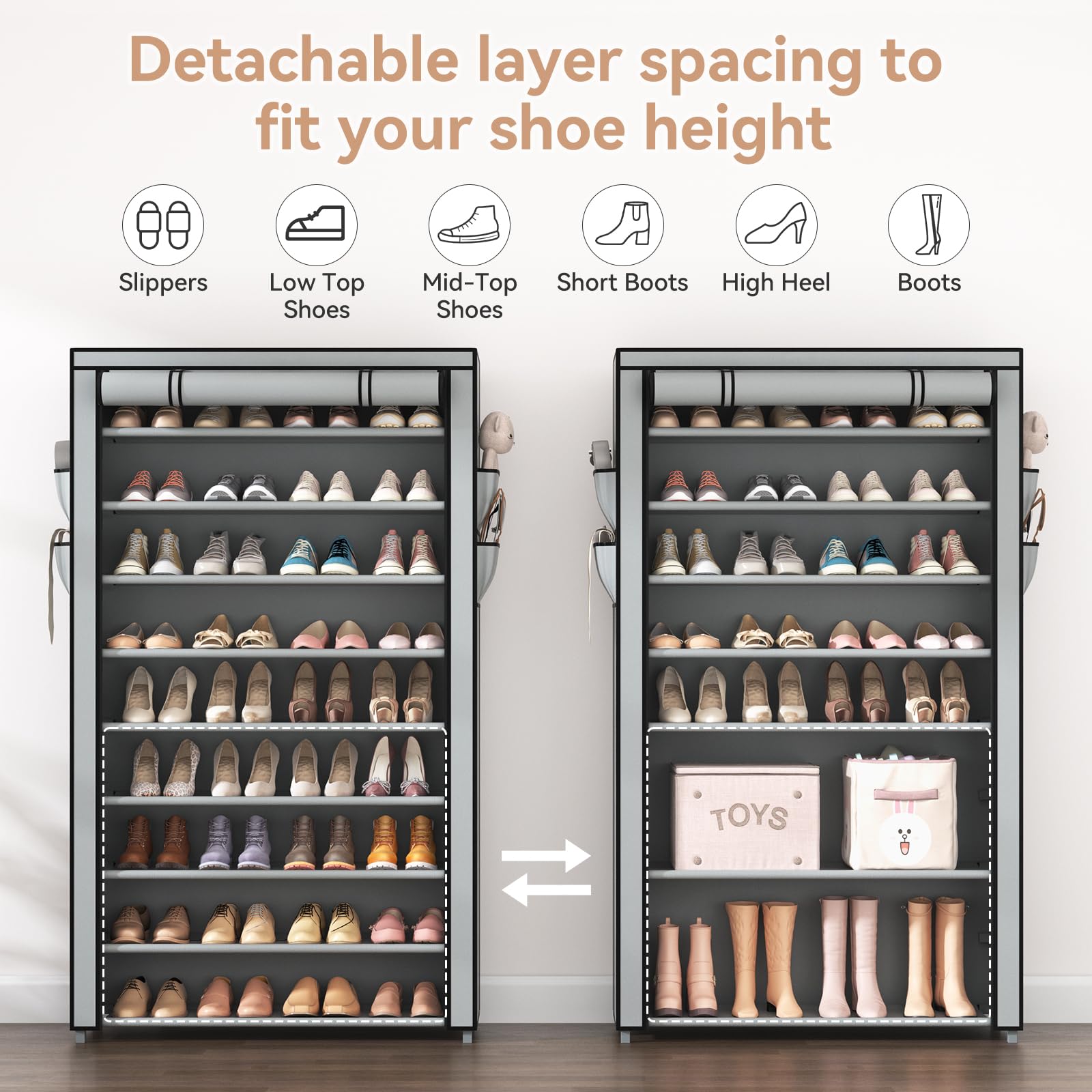 LANTEFUL Shoe Rack with Covers 10 Tier Tall Shoe Rack Organizer Large Capacity Shoe Shelf Storage 40 Pairs Space Saving Free Standing Shoe Storage Organizer for Closet, Entryway, Dorm, Grey