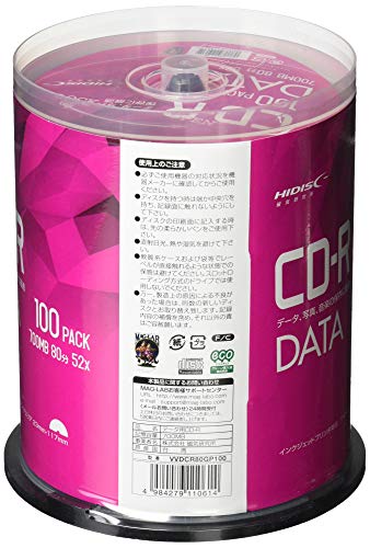 HI-DISC VVDCR80GP100 CD-R Data 700MB 80min 52x Speed 100 Sheets Compatible with Inkjet Printers