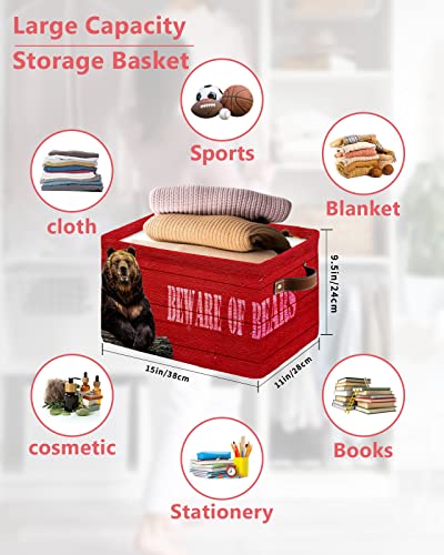 Animal Bear Retro Red Farm Wood Grain White White Slogan Cube Storage Organizer Bins with Handles,15x11x9.5 Inch Collapsible Canvas Cloth Fabric Storage Basket,Books Toys Bin Boxes for Shelves,Closet
