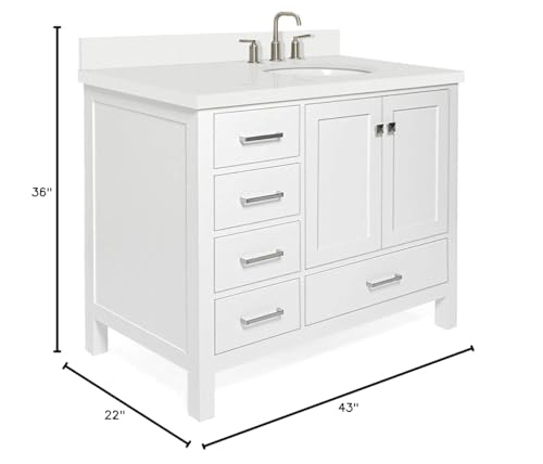 ARIEL Cambridge 43 Inch White Bathroom Vanity with Sink, 1.5" Edge Quartz Countertop, Solid Wood, Right Oval Sink, 2 Soft Closing Doors, 5 Full Extension Dovetail Drawers