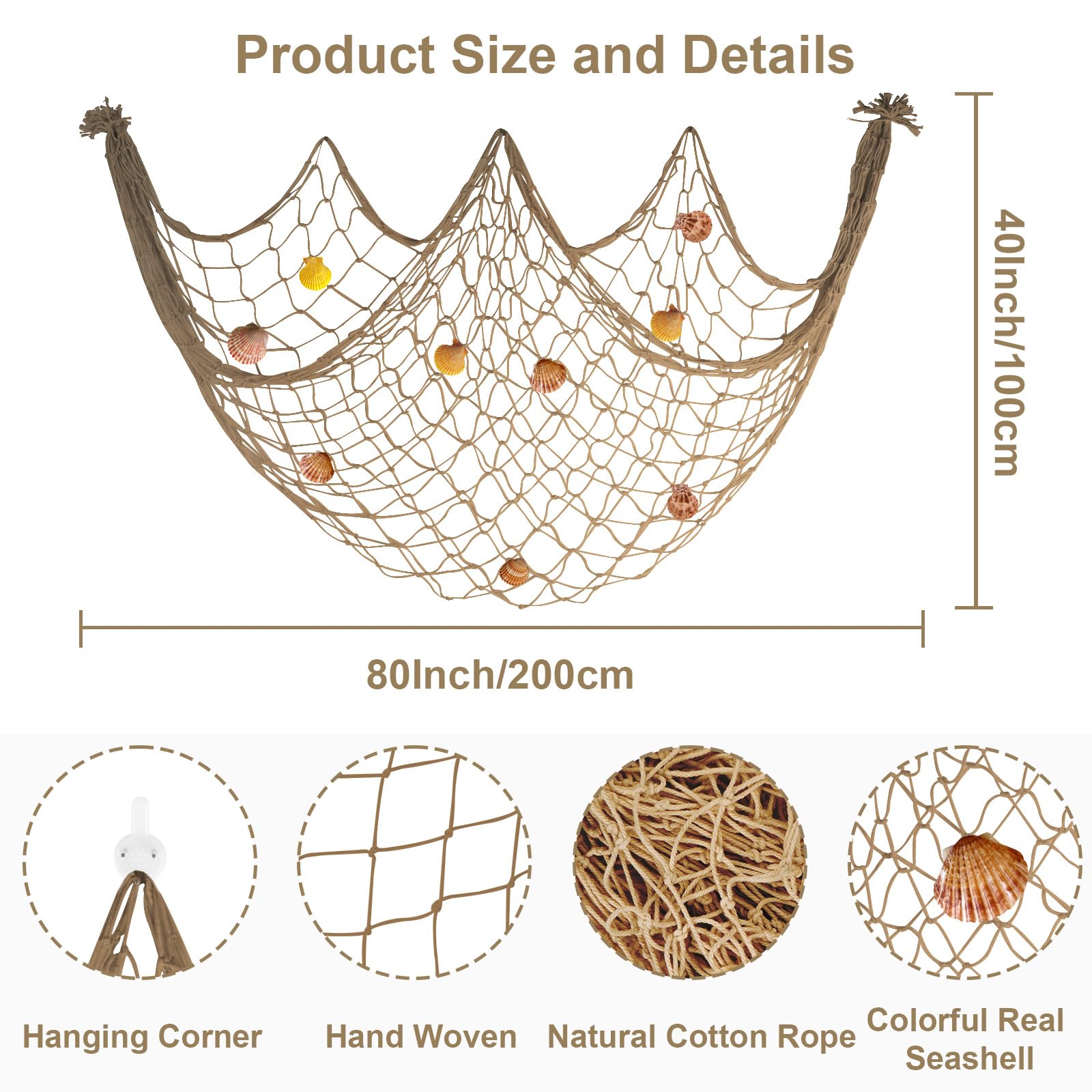 80x40 Inch Decorative Fishing Net w/Shells & Clips, 3mm Thickness Brown Natural Cotton Large Photo Hanging Fishnet, Wall Party Decorations for Nautical Pirate Hawaii Underwater Mermaid Themed Party