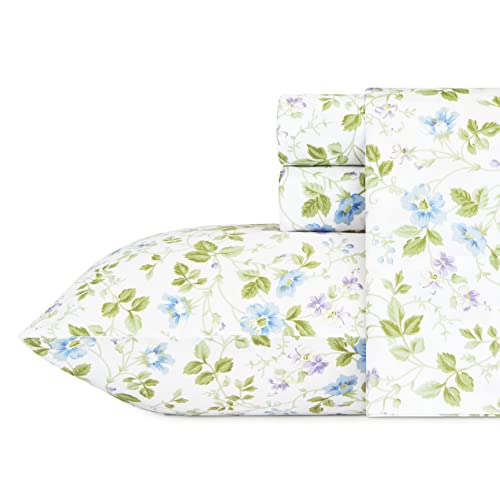 Laura Ashley - King Sheet Set, Soft Sateen Cotton Bedding Set - Sleek, Smooth, & Breathable Home Decor (Spring Bloom Wildflower, King)