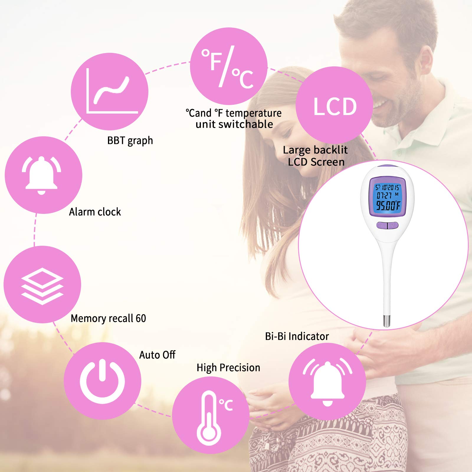 Digital Basal Thermometer for Ovulation Tracking, +/-0.09F Accuracy,60 Days of Memory for Easily Tracking Ovulation, Alarm Clock Alert, Switchable Celsius/Fahrenheit
