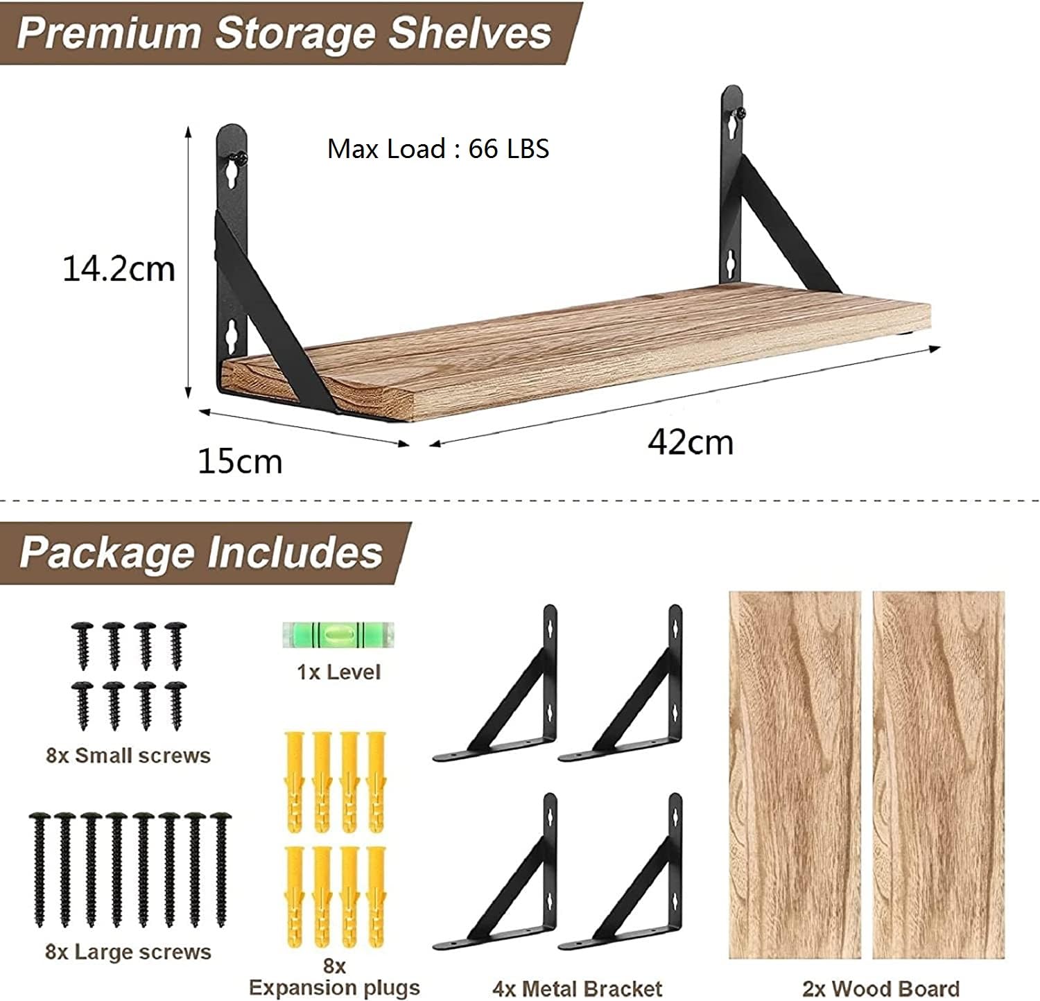 himaly Floating Shelves Set of 2 Rustic Wooden Shelves Decorative Wall Shelf Brackets Storage Book Shelves for Screw Mounted Shelf, 17in