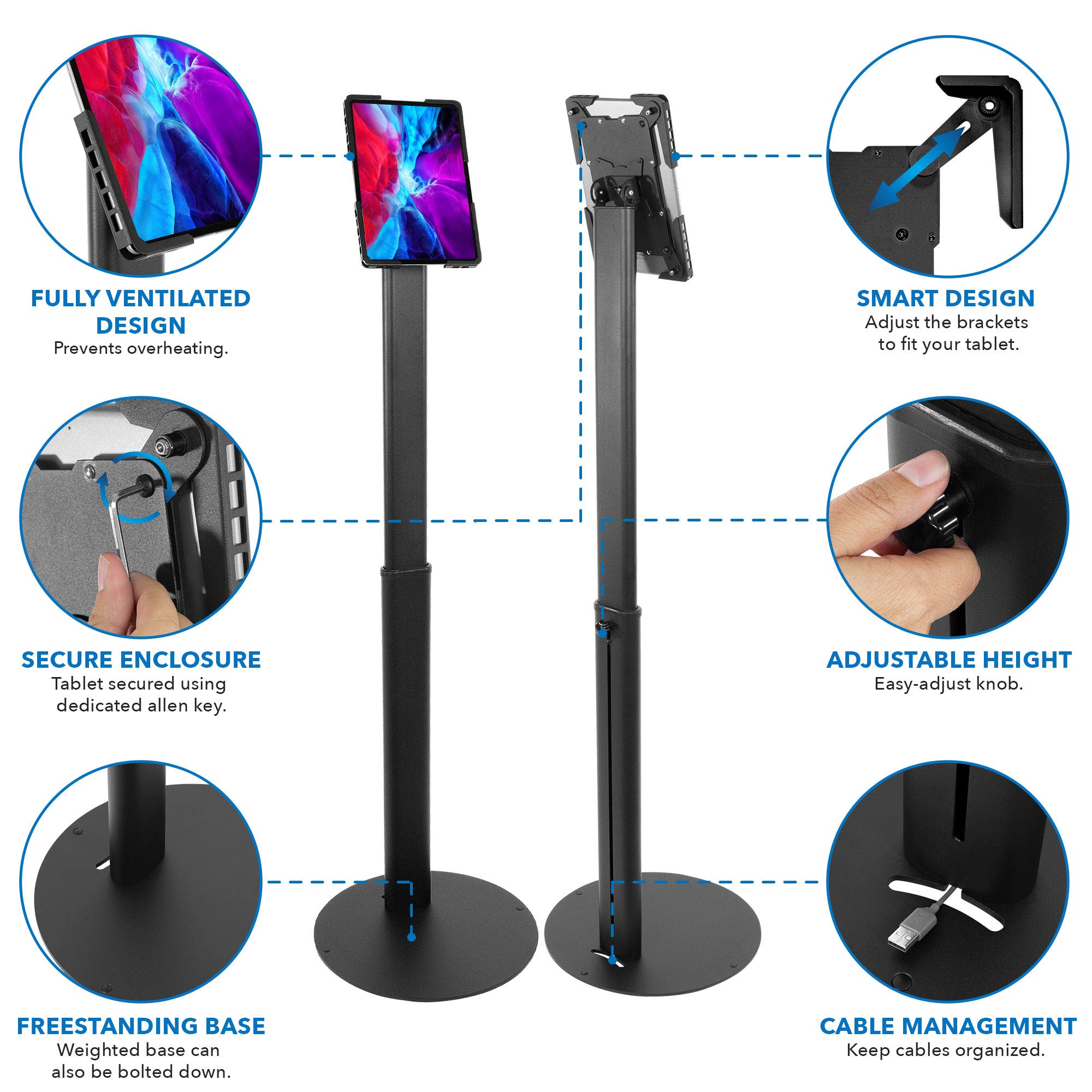 Mount-It! Anti-Theft Universal Tablet Kiosk Stand, Fits iPad Pro, Galaxy Tab, Surface Pro 9.7-13 Inch Tablets | Adjustable Floor Stand with Secure Locking for Retail, Trade Shows, POS, and Public Use