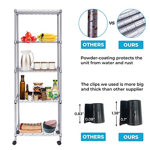 JS HANGER Wire Shelving Unit with Wheels, 5-Tier Heavy Duty Height Adjustable Rolling Metal Shelves for Storage, 550 lbs Capacity, 23.23''W X 13.4''D X 71''H, Silver