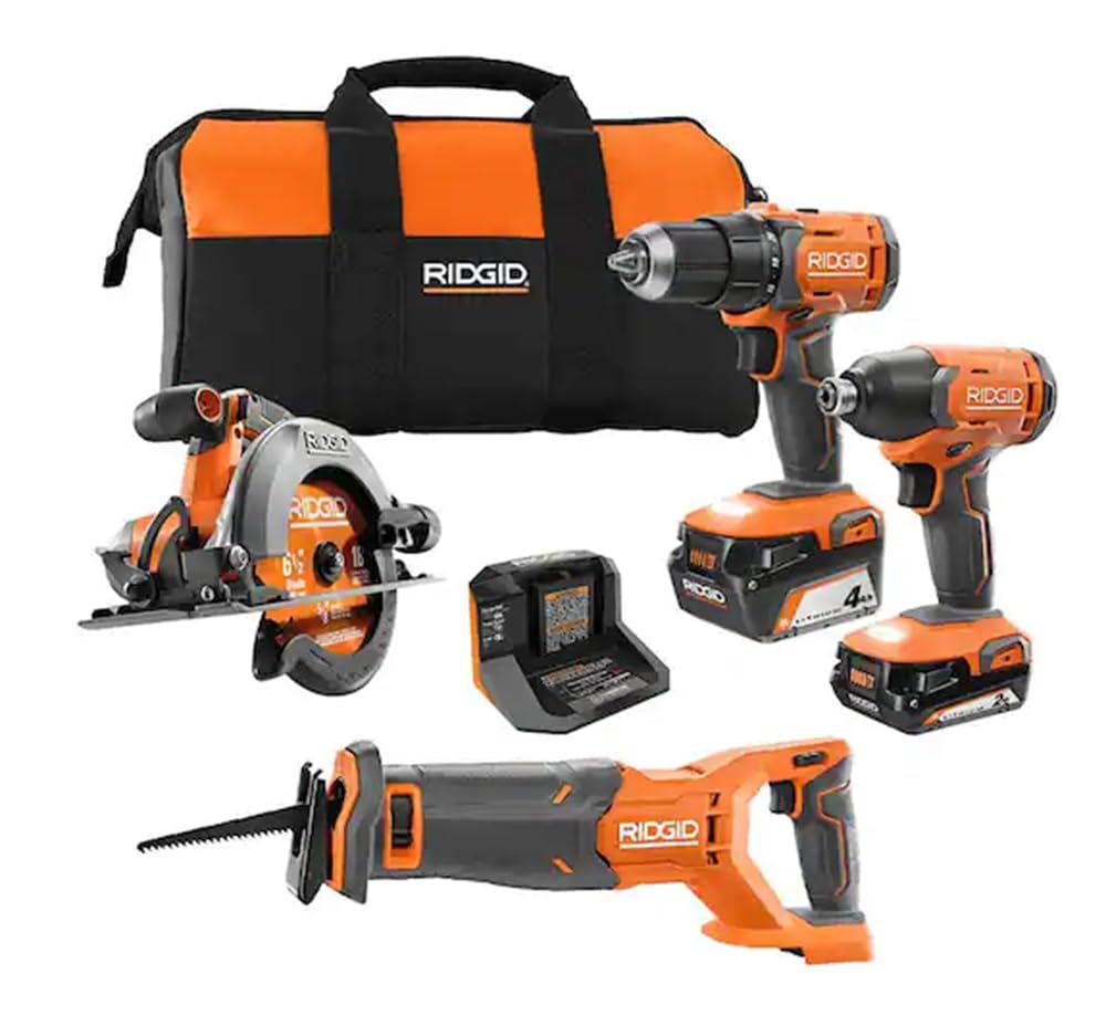 RIDGID 18V Cordless 4-Tool Combo Kit with (1) 4.0 Ah Battery, (1) 2.0 Ah Battery, Charger, and Bag