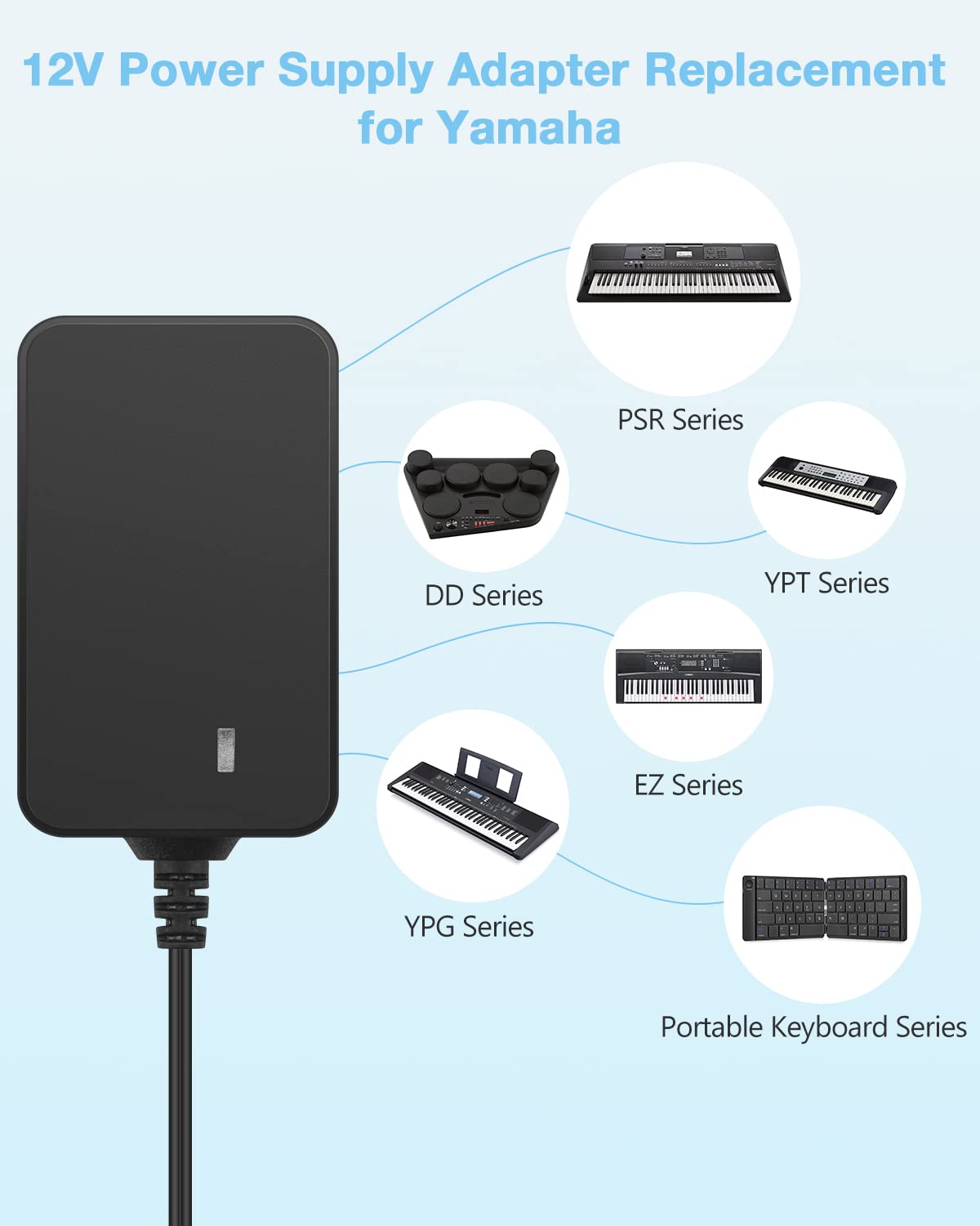 Aclorol 6.6FT 12V Power Supply Adapter Replacement for Yamaha PSR YPG YPT DGX DD EZ and P Digital Piano and Portable Keyboard Series Replacement PA-130 PA-130B Adapter 2M Power Cord