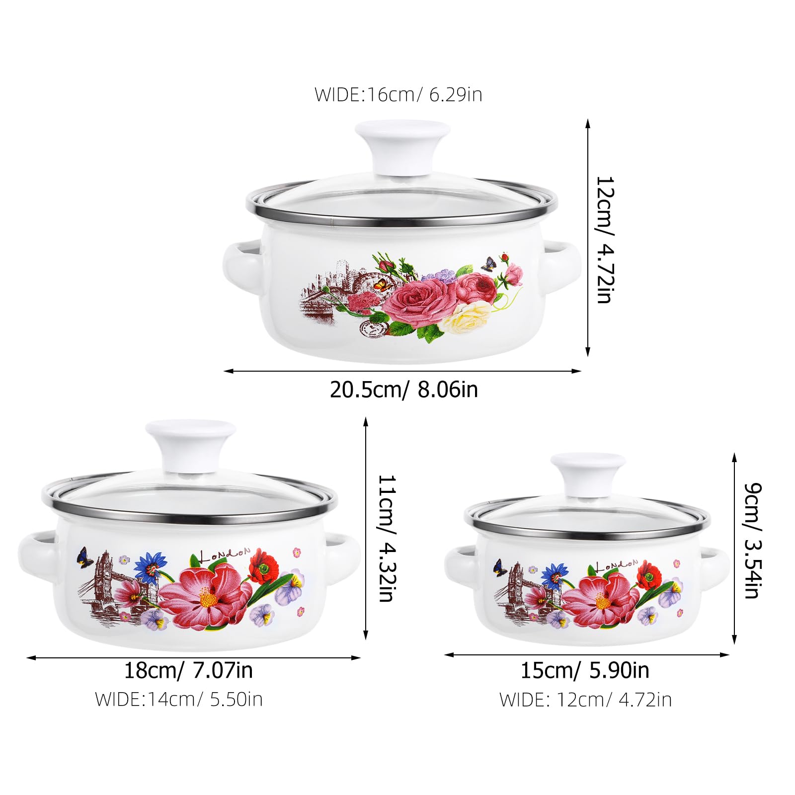 Amosfun Mini Soup Pot Retro Floral Enamelware Pot with Lid - 4.5 Inch 5.5 Inch 8 Inch Assortment Ramen Soup Pot with Handle Ears