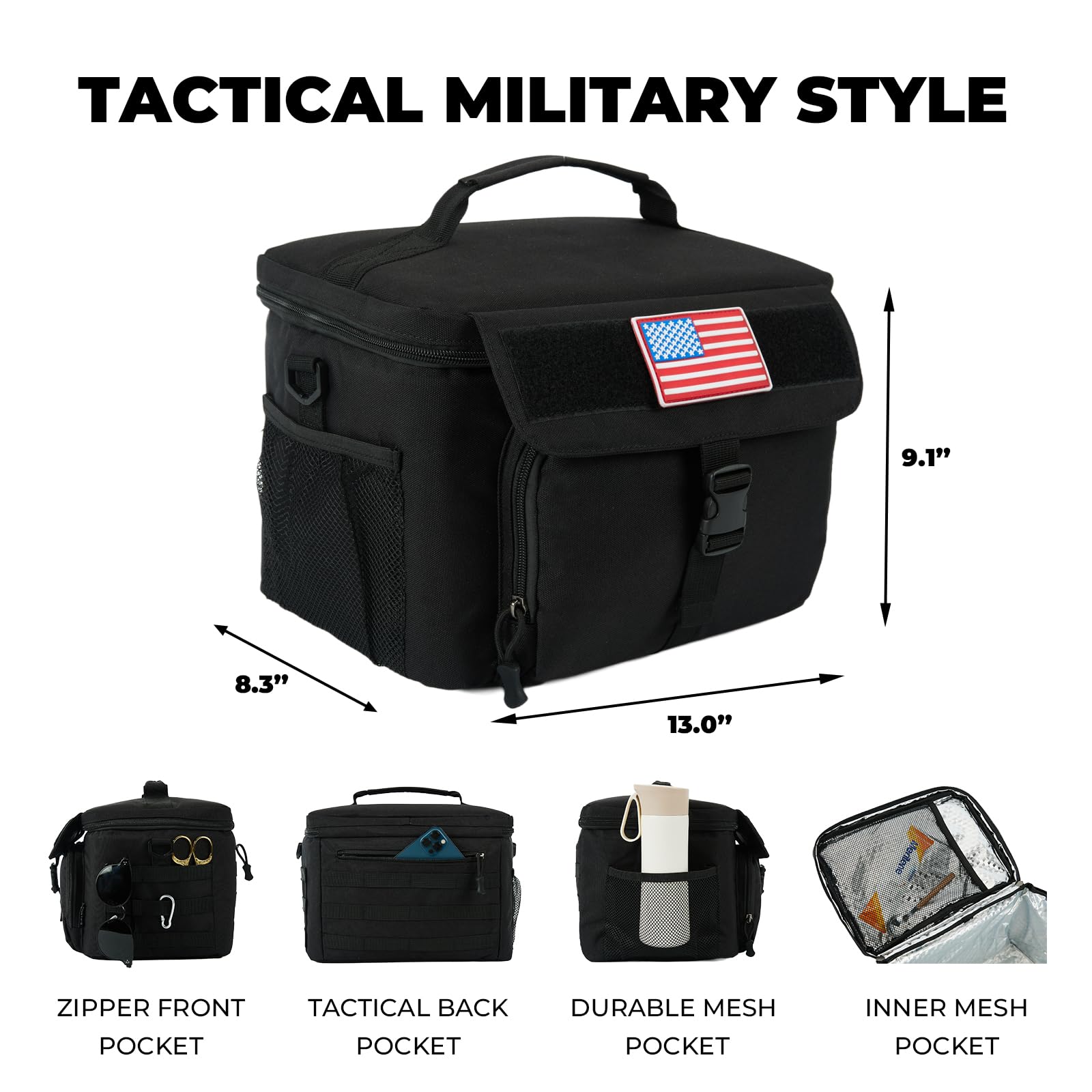 Ronyes Tactical Lunch Box for Men, Large Insulated Lunch Bag with Shoulder Strap,Heavy Duty Lunch Cooler MOLLE Webbing, Leakproof Lunch Pail for Work Camping Fishing-Black