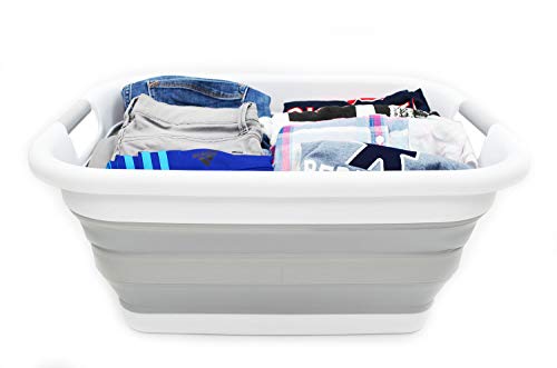 SAMMART 41L Set of 2 Collapsible Plastic Laundry Basket - Foldable Pop Up Storage Container/Organizer - Portable Washing Tub - Space Saving Hamper/Basket (2, White/Grey)