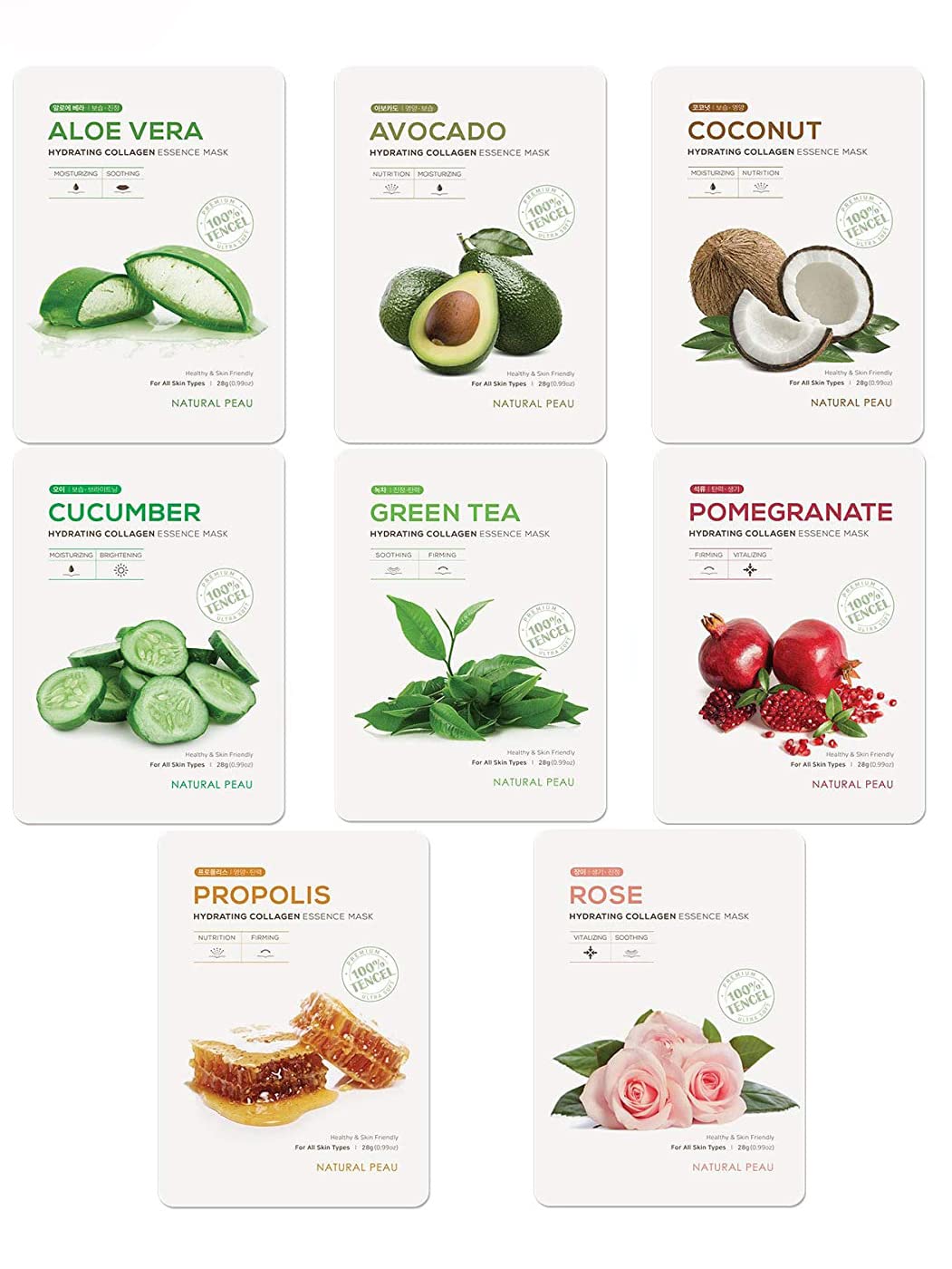 Natural Peau [8 Variety Packs] Hydrating Collagen Essence Face Mask (28 g / 0.99 oz.)