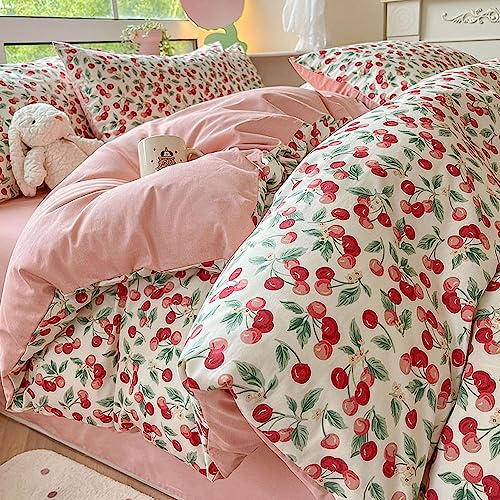 Cherry Duvet Cover Set, 100% Cotton Pure Cotton Printing,Home Standard Four-piece Bedding Set Decorative, Deep Pocket, Warm, Super Soft, Breathable Sheets with 2 Pillow Shams, Red ( Size : A2.0m4pcs )