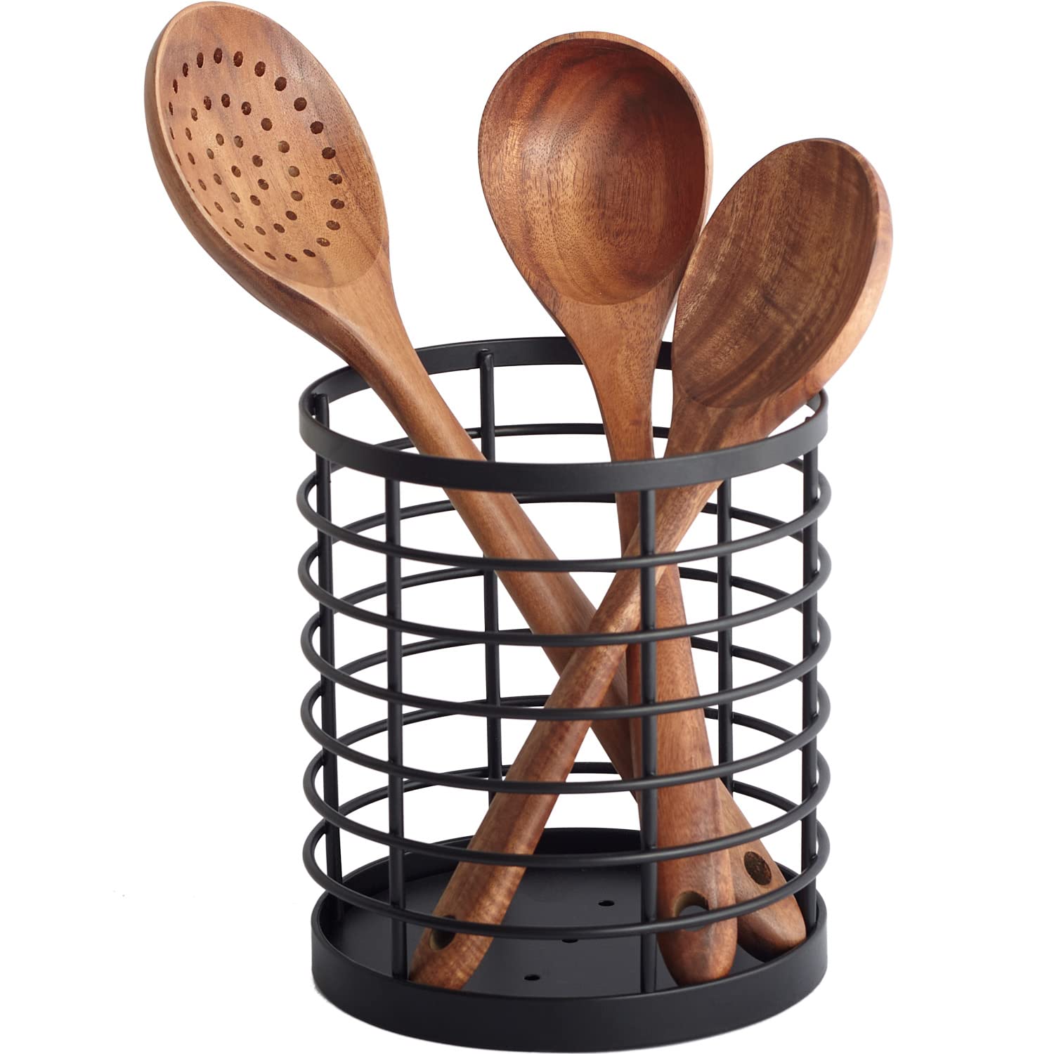 WDT Tool Utensil holder for Kitchen Counter - 5.2" x 5.2" x 6" Large Round Utensils Holder with Wooden Base Matte Black Cooking Utensil Holder,Kitchen countertop Utensil Organizer (Metal)
