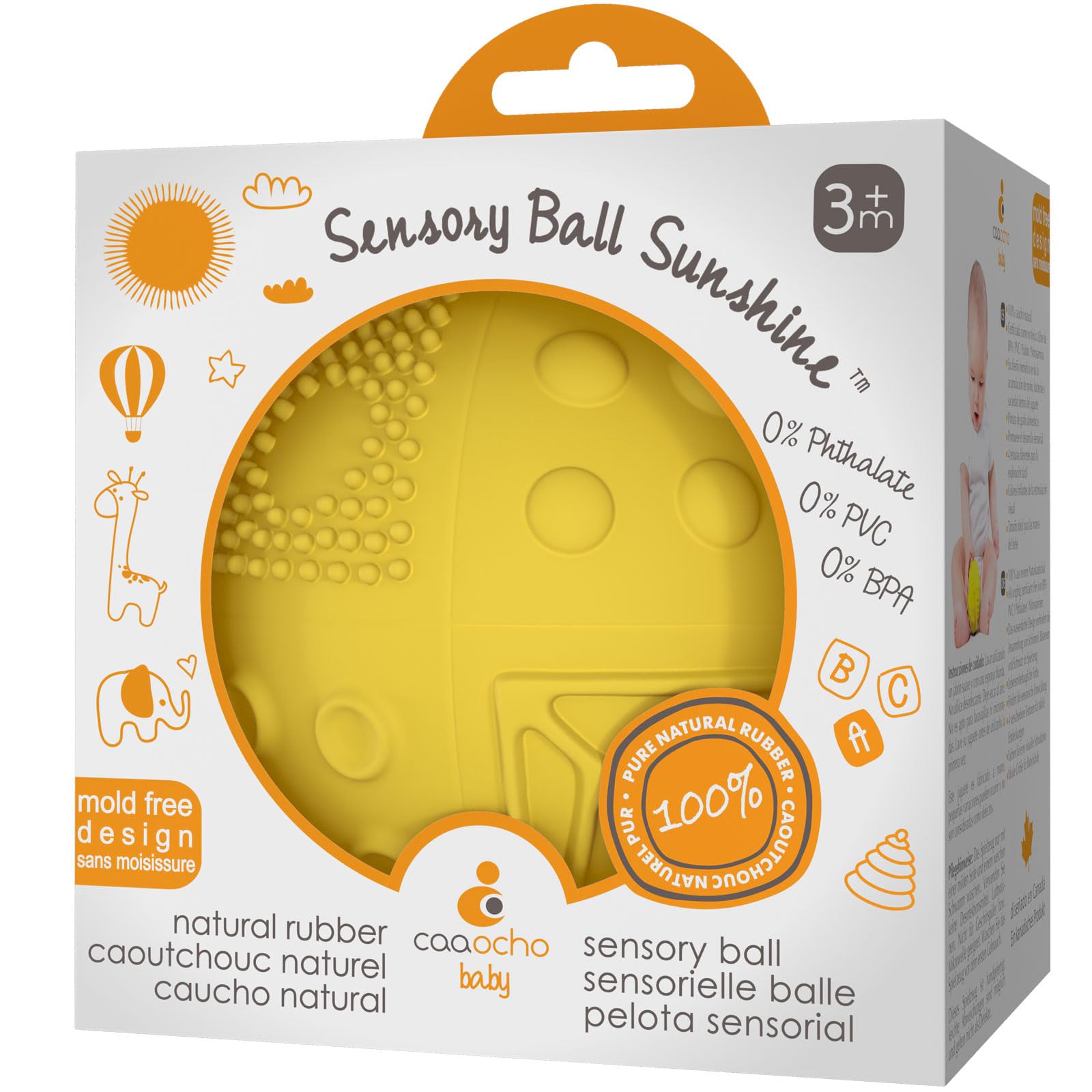 caaocho Pure Natural Rubber Sensory Ball Sunshine 3" - Sealed Hole, BPA Free Baby Ball Toy, for Sensory Play, for Sensory Development, Hole Free Baby Toy, Perfect Bouncer, Without Hole