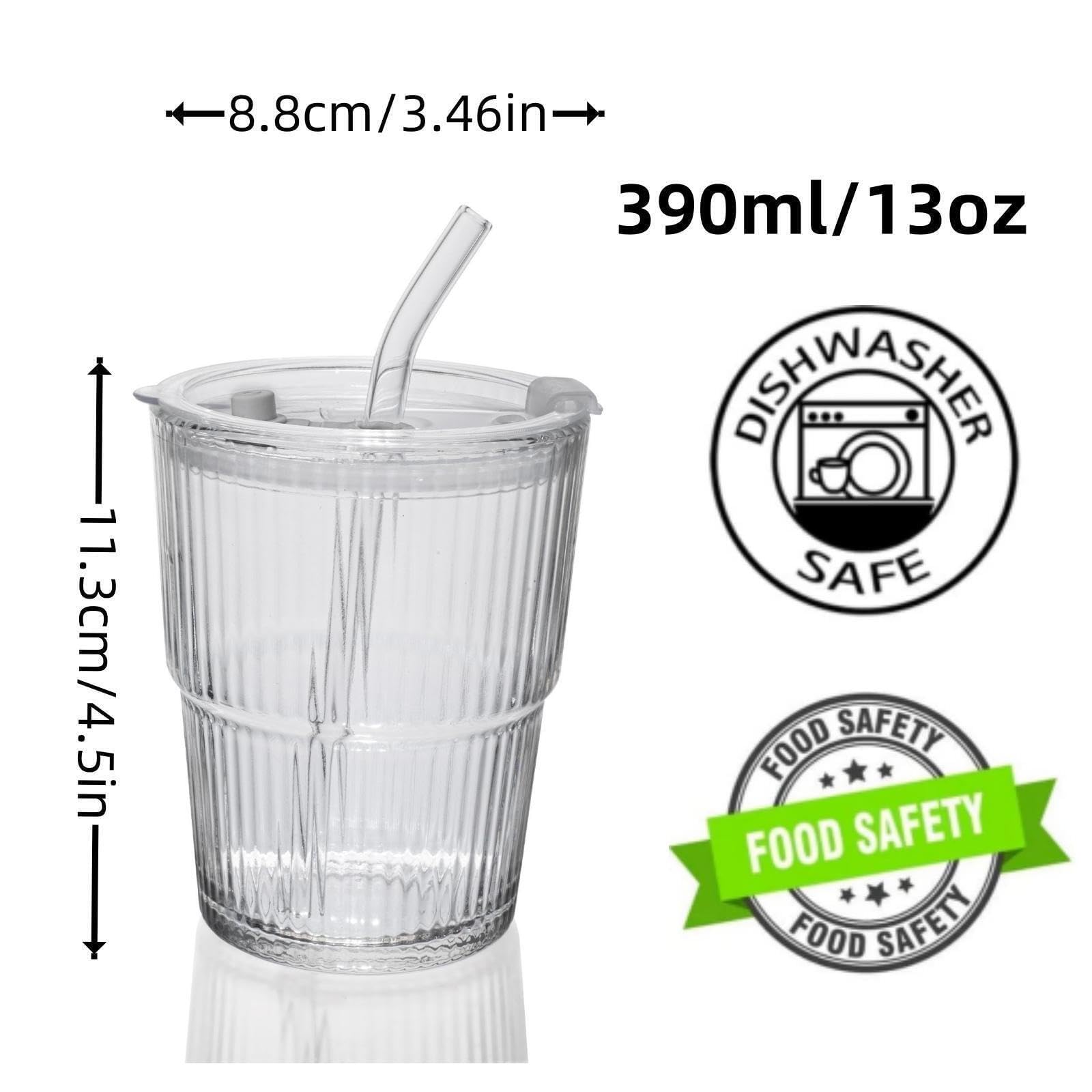 QWEZXO 13OZ/400ML Ice Coffee Glass Tumbler, Thick Wall Water Glass Cup Mug Tea with Straw and Lid Sealed Carry On (Clear)