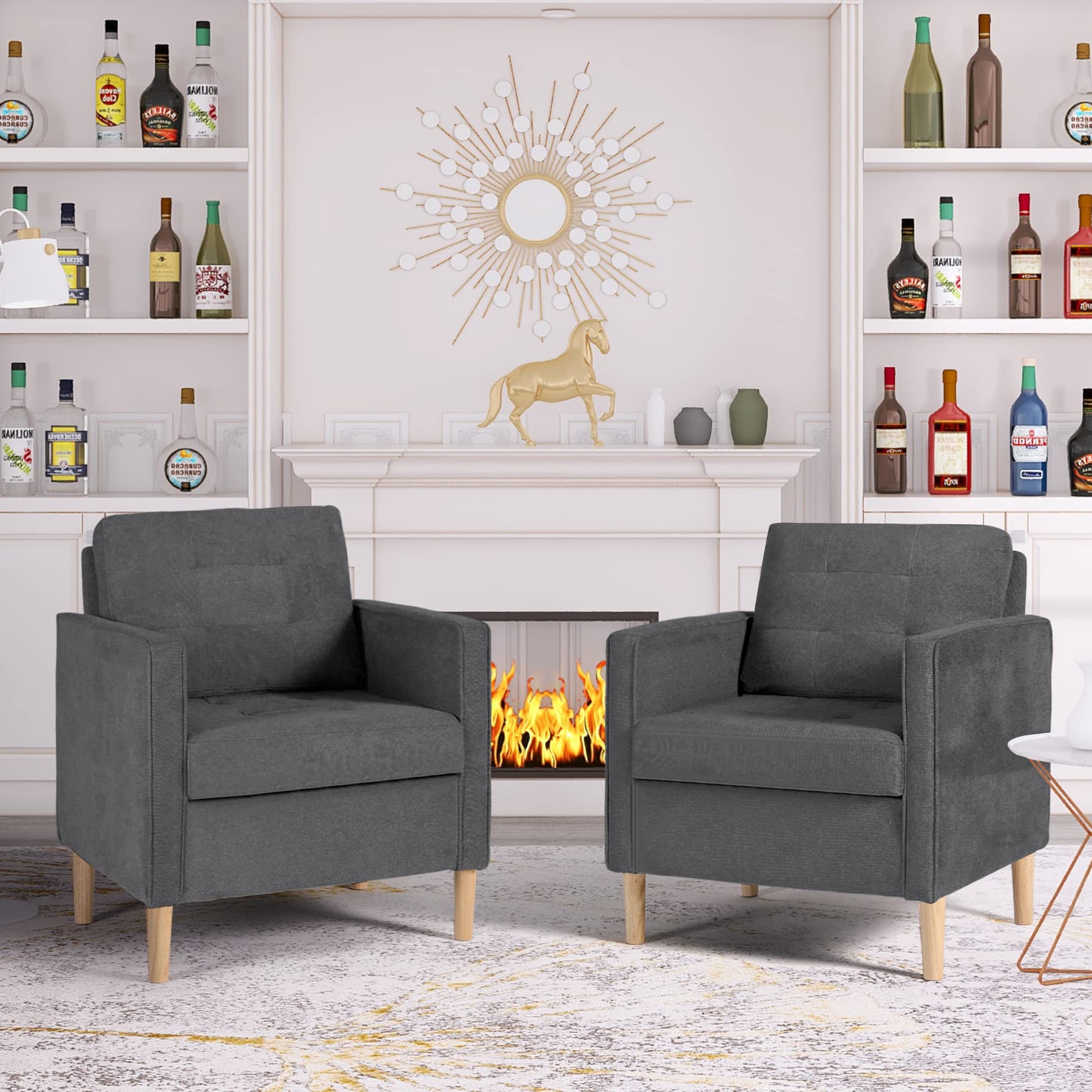 STHOUYN Mid Century Modern Comfy Accent Arm Chair Set of 2, Bedroom Chair for Adults, Living Room Office Reading Chairs, Suitable for Small Spaces (2, Grey)