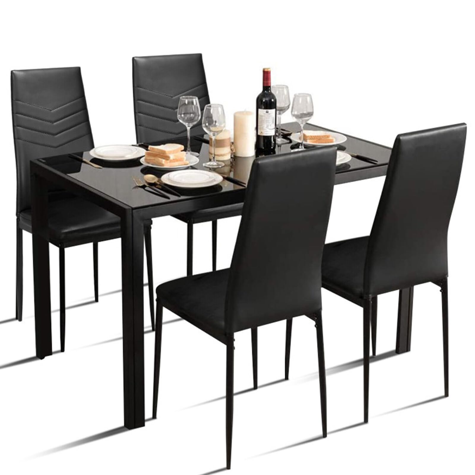5 Piece Kitchen Dining Table Set for 4, Kitchen Dining Set Glass Metal Table and 4 Chairs Breakfast Furniture