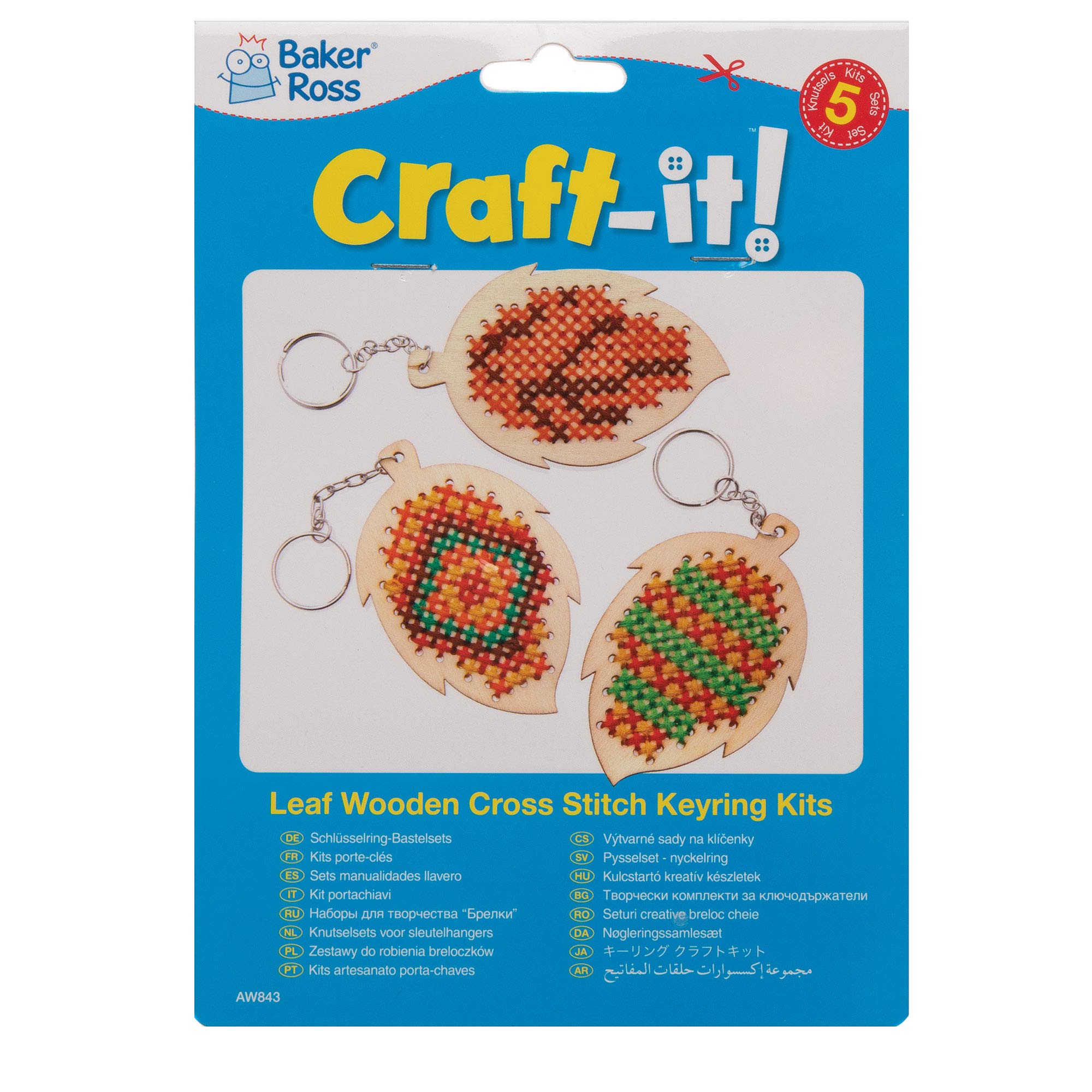 Baker Ross AW843 Leaf Wooden Cross Stitch Keyring Kits - Pack Of 5, Fall And Winter Arts And Crafts