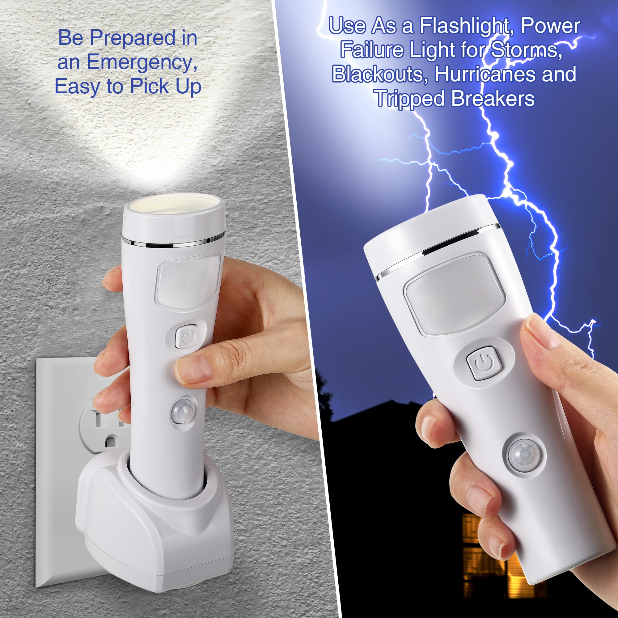 Enhon 4 in 1 LED Rechargeable Plug in Flashlights, 6 Pack LED Emergency Lights for Home Power Failure Emergency, Plug in Power Outage Light, Power Failure Light with Motion Detection (White)