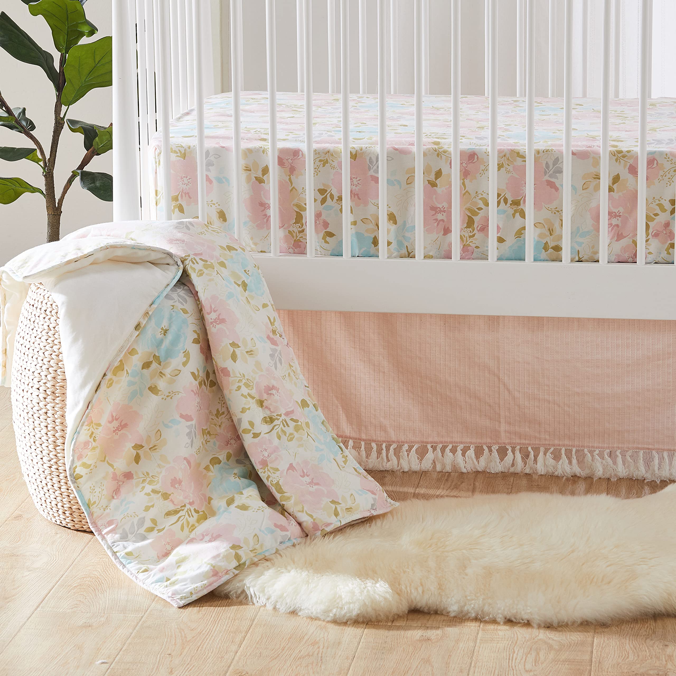 Levtex Baby Nest & Nod Amelia 3pc Bedding Set, Cotton, Pink, (Quilt, Dust Ruffle, Crib Fitted Sheet)