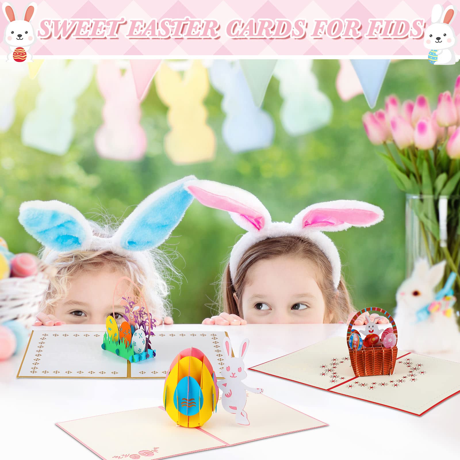 5 Pieces Easter Pop up Cards Set, Easter Eggs Basket Bunny 3D Greeting Cards Present Card for Easter with Envelopes, Writing Cards and Cute Envelope Stickers (Lovely Style).