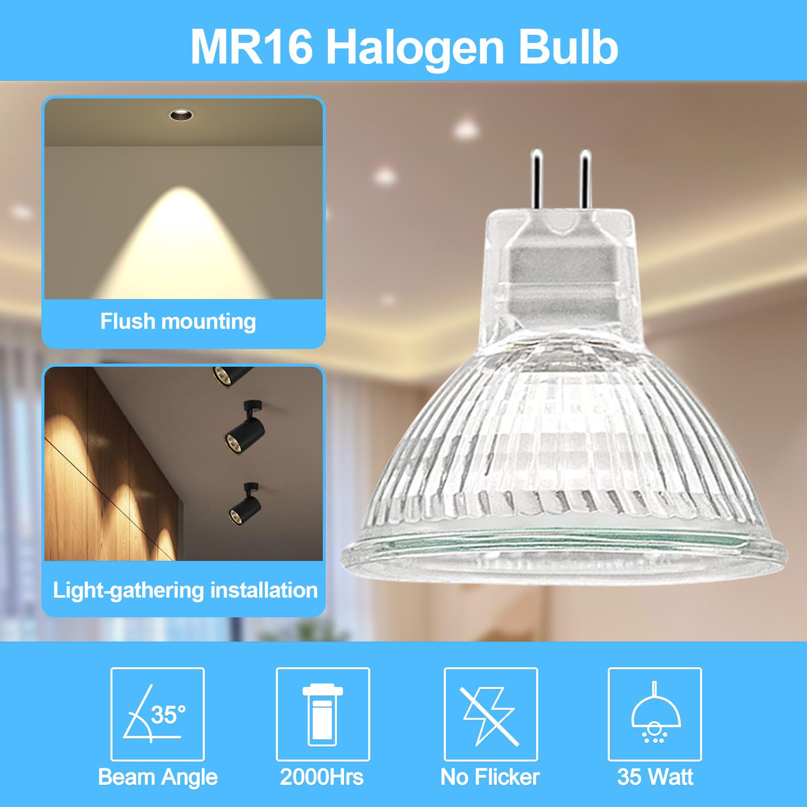 WeshLMPO MR16 Halogen Light Bulb 2 pin 35W 12V, 420LM High Output GU5.3 Base for Landscape Lights, Track Lights, Fiber Optics, Desk Lamps, 2700K Warm White Dimmable, 6 Pack