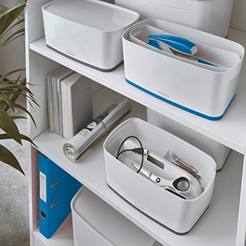 Leitz A5 MyBox Small with Lid, Storage Box for Home and Office, 5 L, High Gloss, Plastic, White/Blue Metallic;MyBox