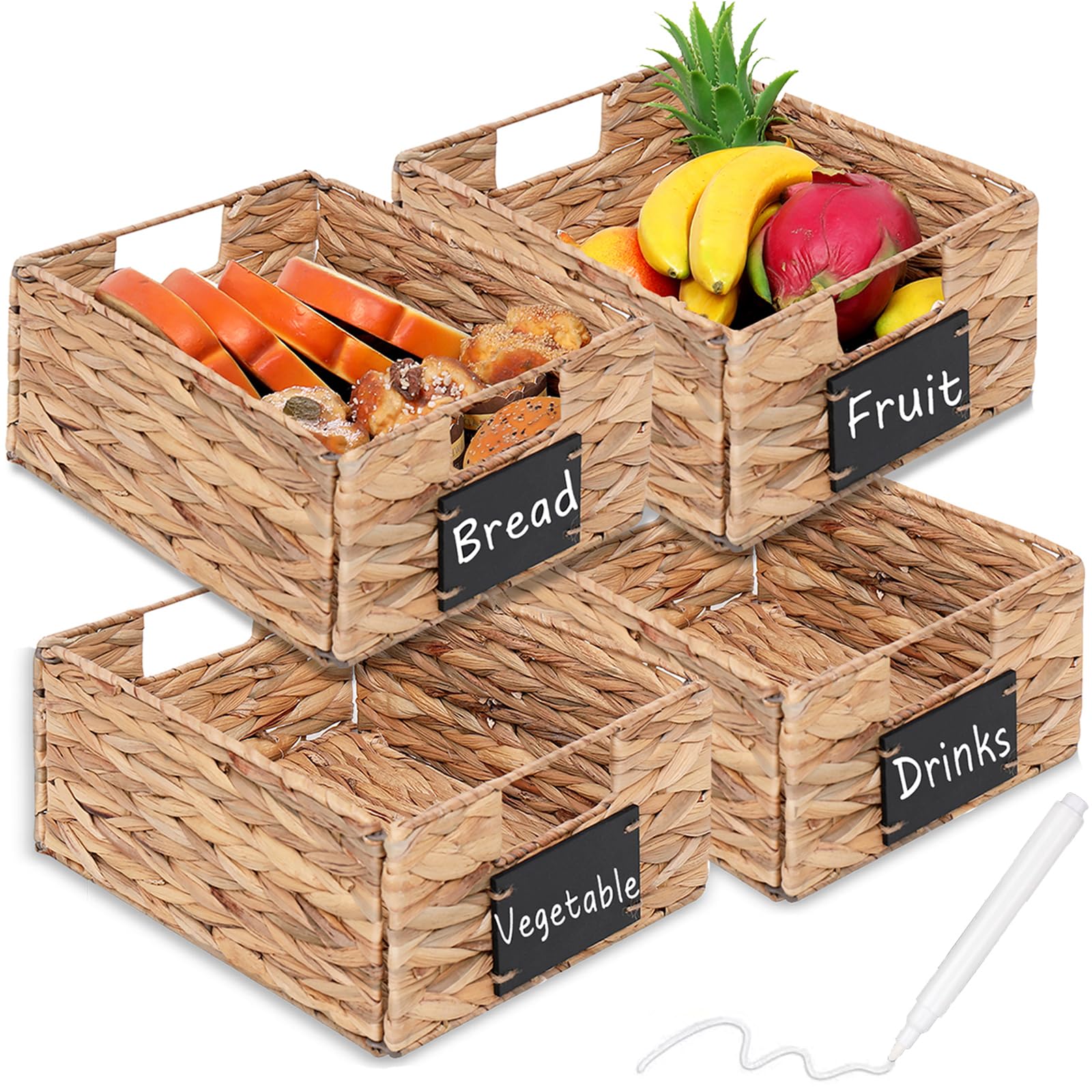 Rectangular Seagrass Baskets Hanging Storage Baskets Kitchen Storage Basket,Foldable Water Hyacinth Basket,Woven Kitchen Organizer with Labels&White Chalk Markers,Set of 4 Pcs,10.8x9x4.9inch