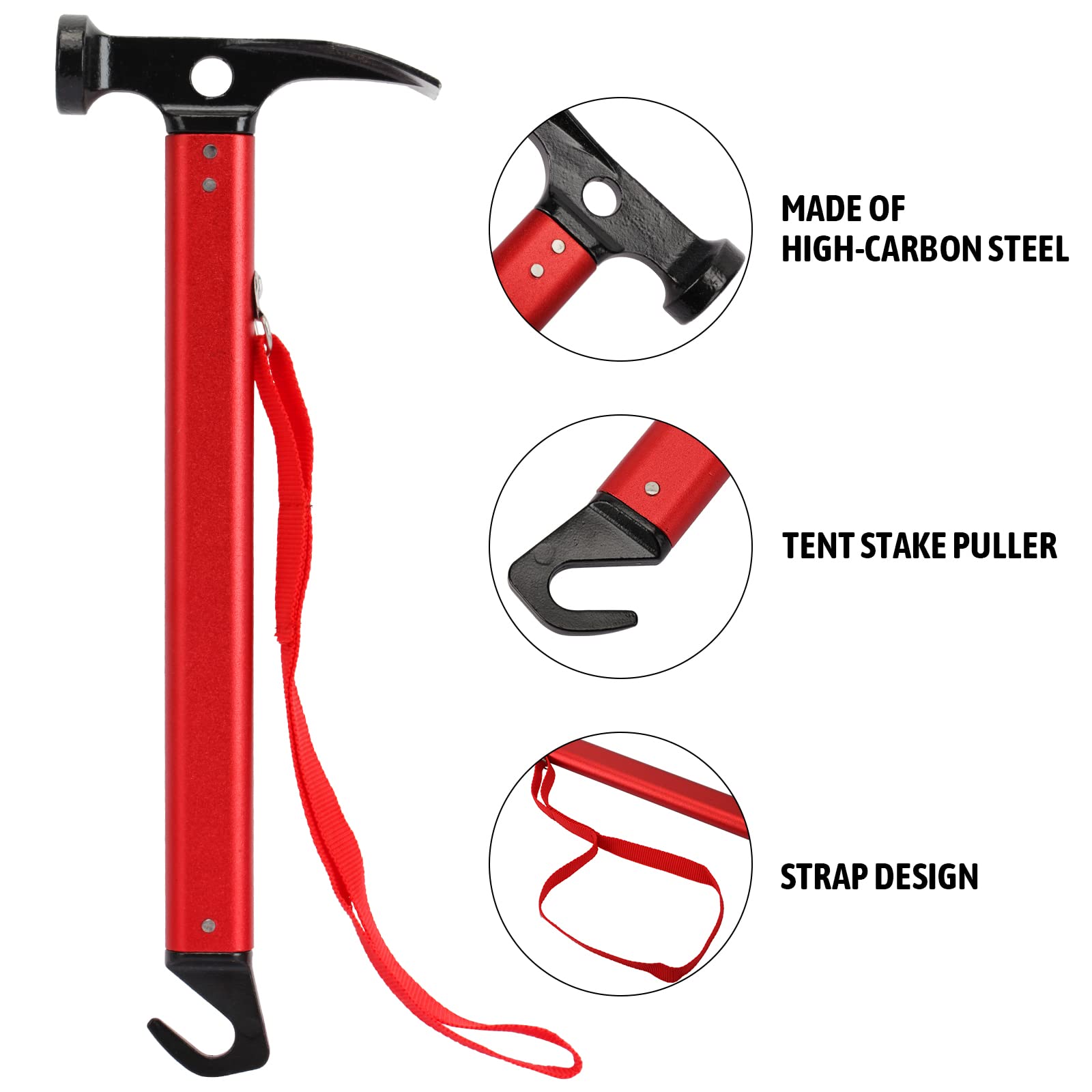 aiGear Camping hammer with Hook Lightweight Aluminum Multifunctional Tent Stake Handy Hammer with Wind Ropes for Hiking Backpacking Gardening Color Red(CH11)
