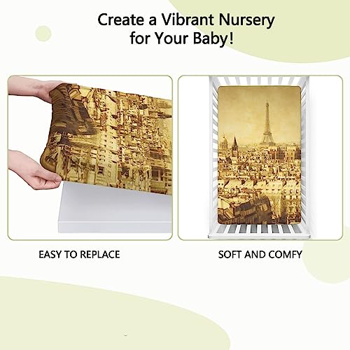 Eiffel Tower Themed Fitted Mini Crib Sheets,Portable Mini Crib Sheets Soft Toddler Mattress Sheet Fitted - Great for Boy or Girl Room or Nursery,24β x38β,Brown