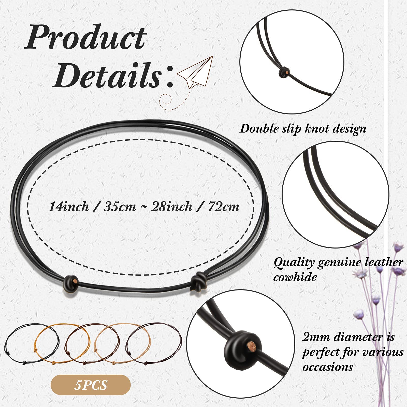 5 Pieces Leather Necklace Cord Choker with Clasp Sturdy Double Knotted Cord Necklace Adjustable Rope Chain Minimalist Jewelry for Women Men