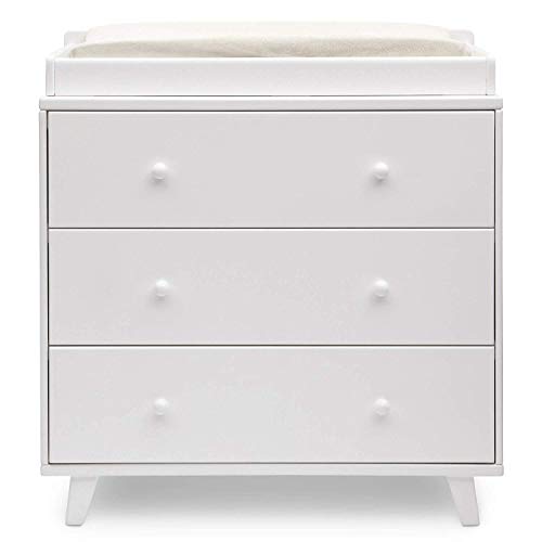 Delta Children Ava 3 Drawer Dresser with Changing Top, White and Contoured Changing Pad, White